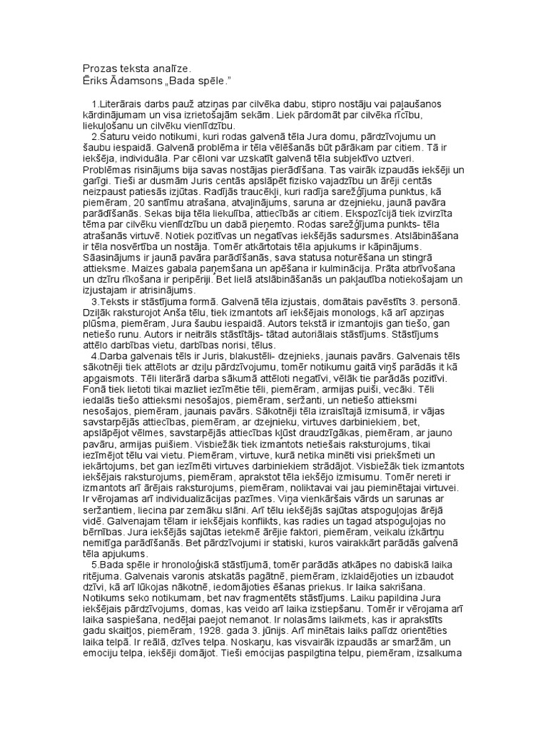 Prozas Teksta Analīze. Ēriks Ādamsons Bada Spēle." | PDF