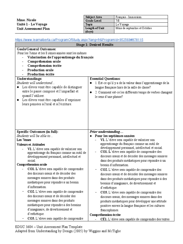 Plan d'évaluation Unité 1: Voyage | PDF | la communication | Informations