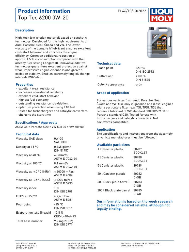 P004100 Top Tec 6200 SAE 0W 20 46 en - US | PDF | Motor Oil | Vehicles
