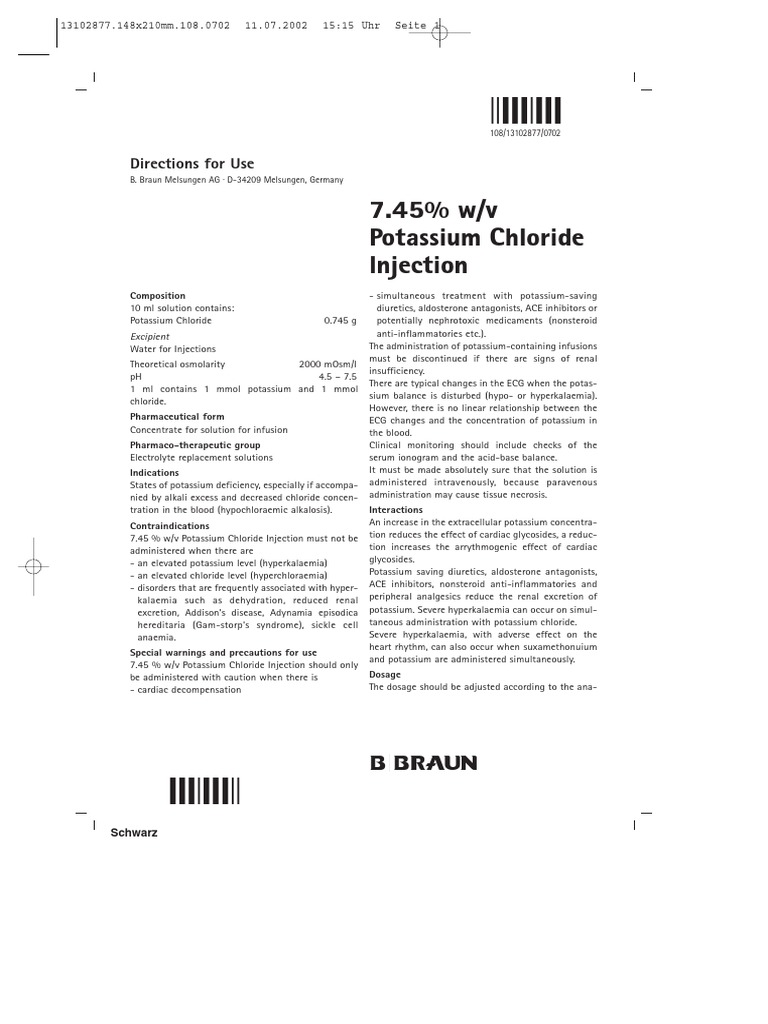 Directions for Use of 7.45% w/v Potassium Chloride Injection | PDF ...