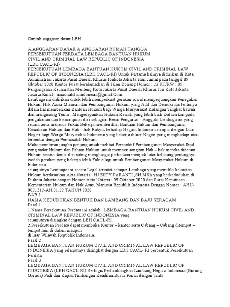 Contoh Anggaran Dasars LBH | PDF