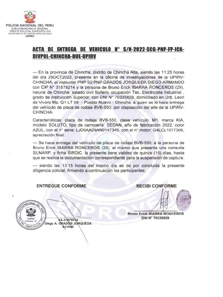 Acta De Entrega De Vehiculo Recuperado Pdf