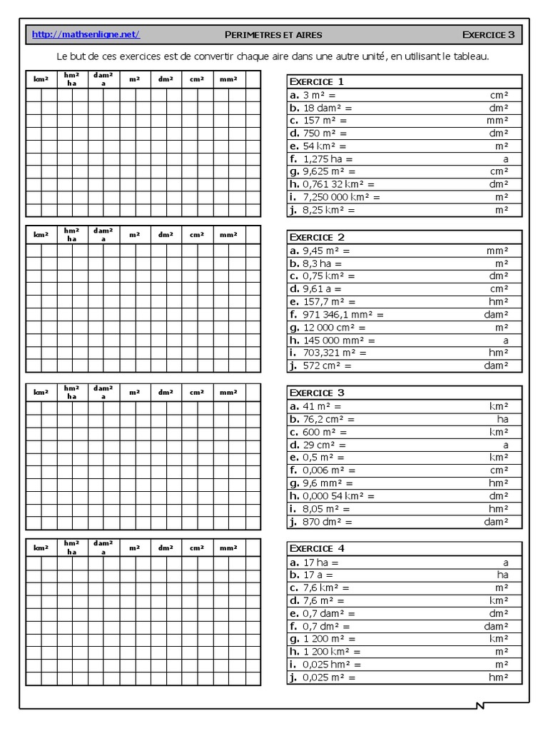 Chap 12 - Exercices 3 - Conversion D'unités D'aires - CORRIGE | PDF