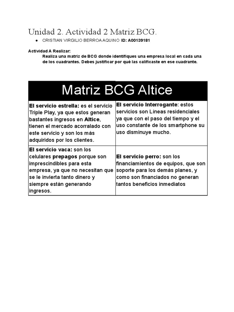 Unidad 2. Actividad 2 Matriz BCG - MER3 | PDF