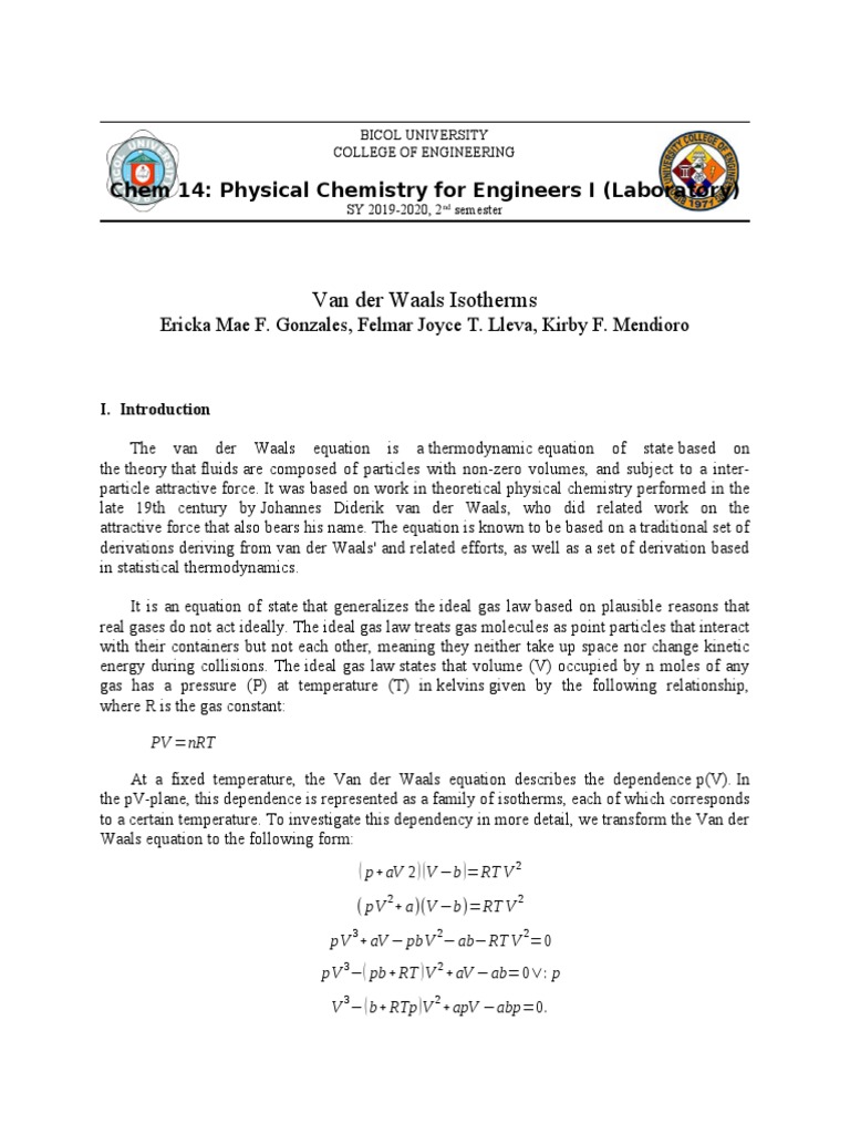 Chem 14 Laboratory Report Van Der Waals Isotherms 5 PDF Free | PDF ...