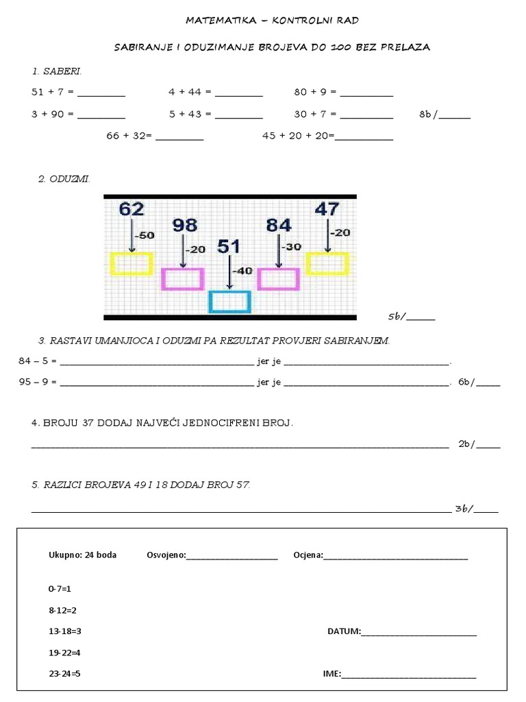 Sabiranje I Oduzimanje Do 100 Bez Prelaza Kontrolni | PDF