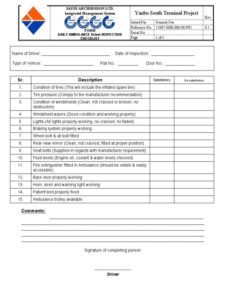11067-HSE-000-00-F02 DAILY AMBULANCE Driver INSPECTION CHECKLIST | PDF ...