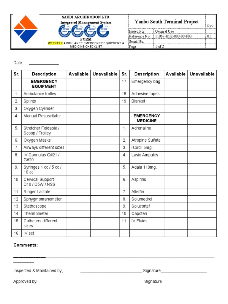 Weekly Ambulance Emergency Equipment and Medicine Checklist for Yanbu ...