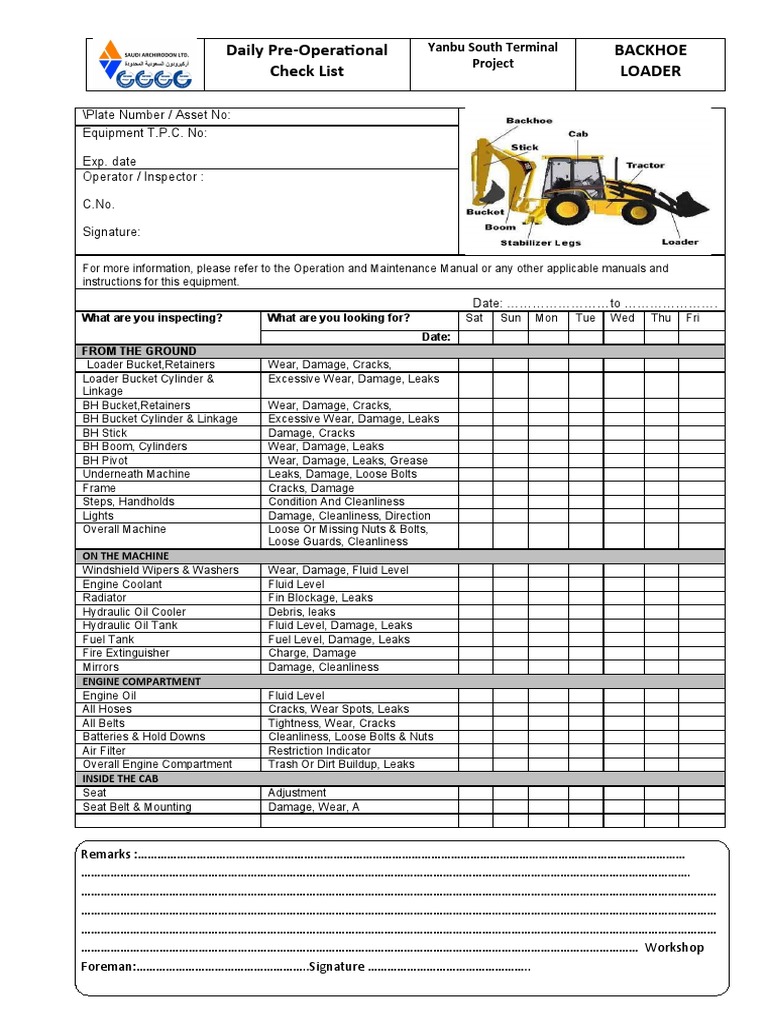 Daily Pre-Operationla Check List (Backhoe Loader) | PDF | Loader ...