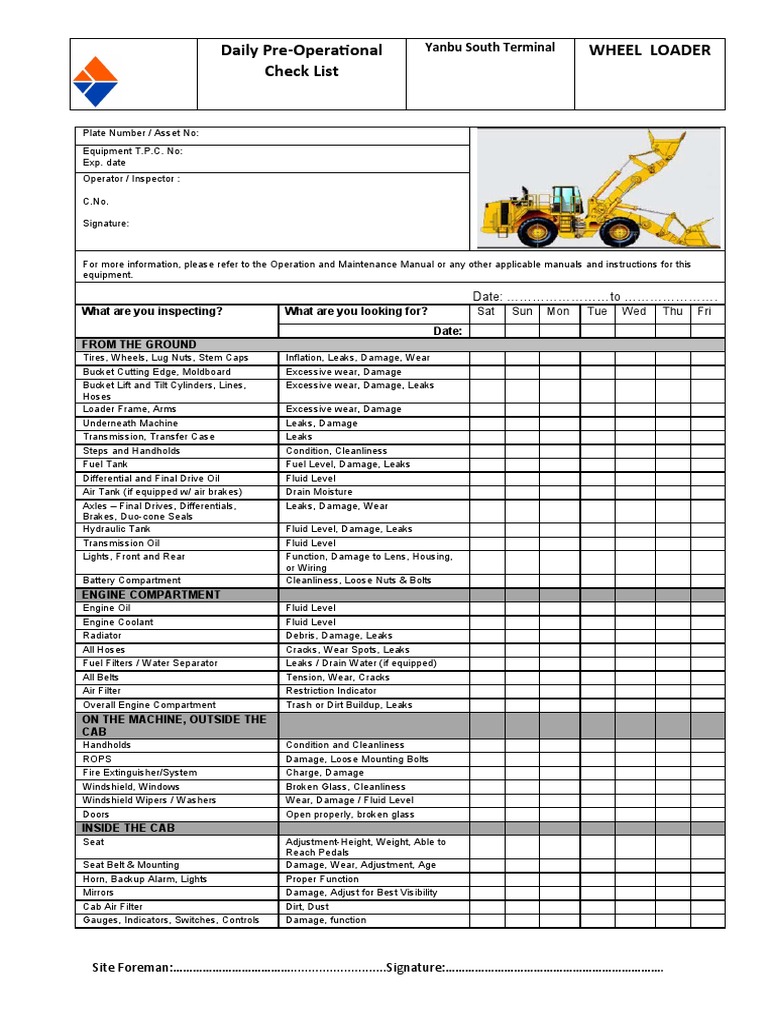 Daily Pre-Operationla Check List (Wheel Loader) | PDF | Truck | Loader (Equipment)