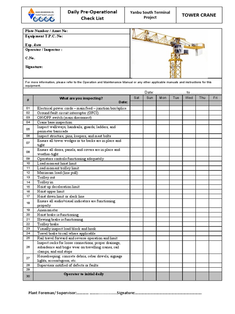 Daily Tower Crane Check List for Yanbu South Terminal Project | PDF ...