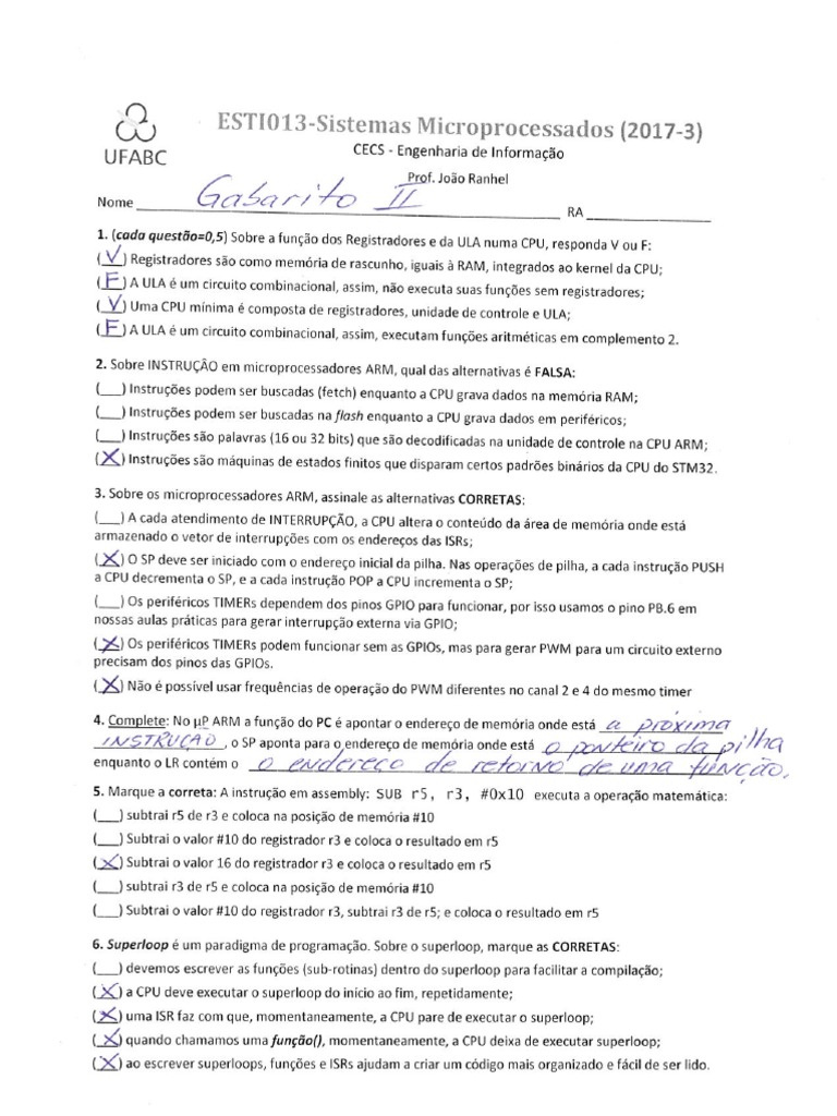 Gabarito - Prova de Sistemas Microprocessados | PDF