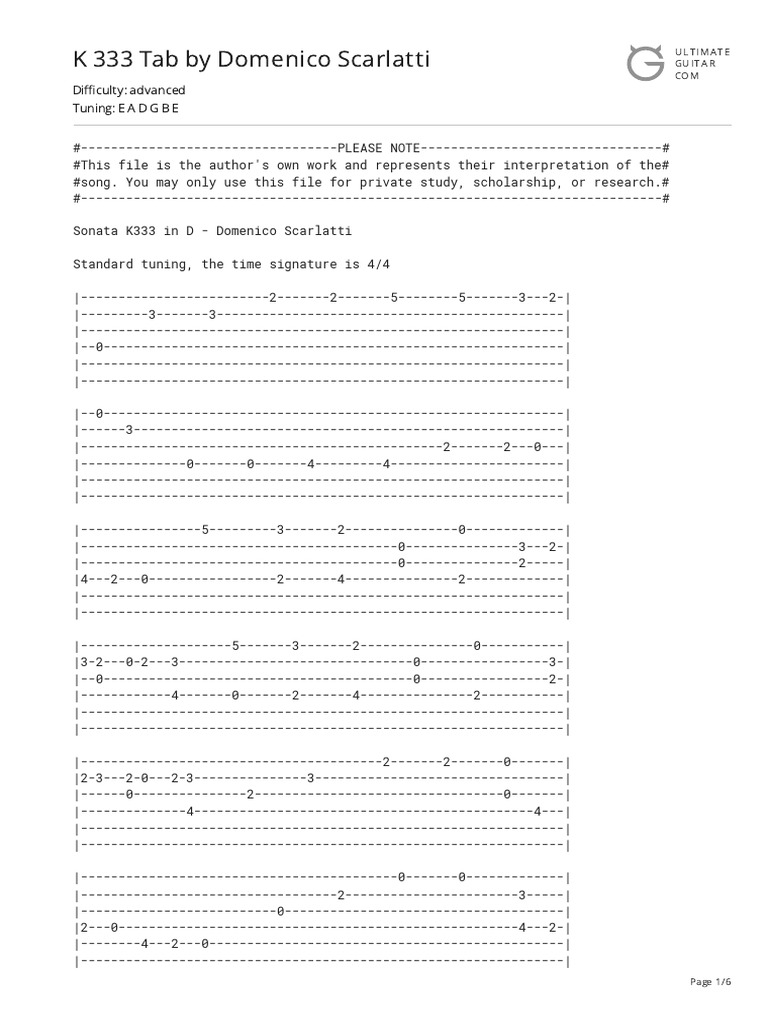 Sonata K 333 Tab by Domenico Scarlattitabs | PDF | Musical Compositions ...