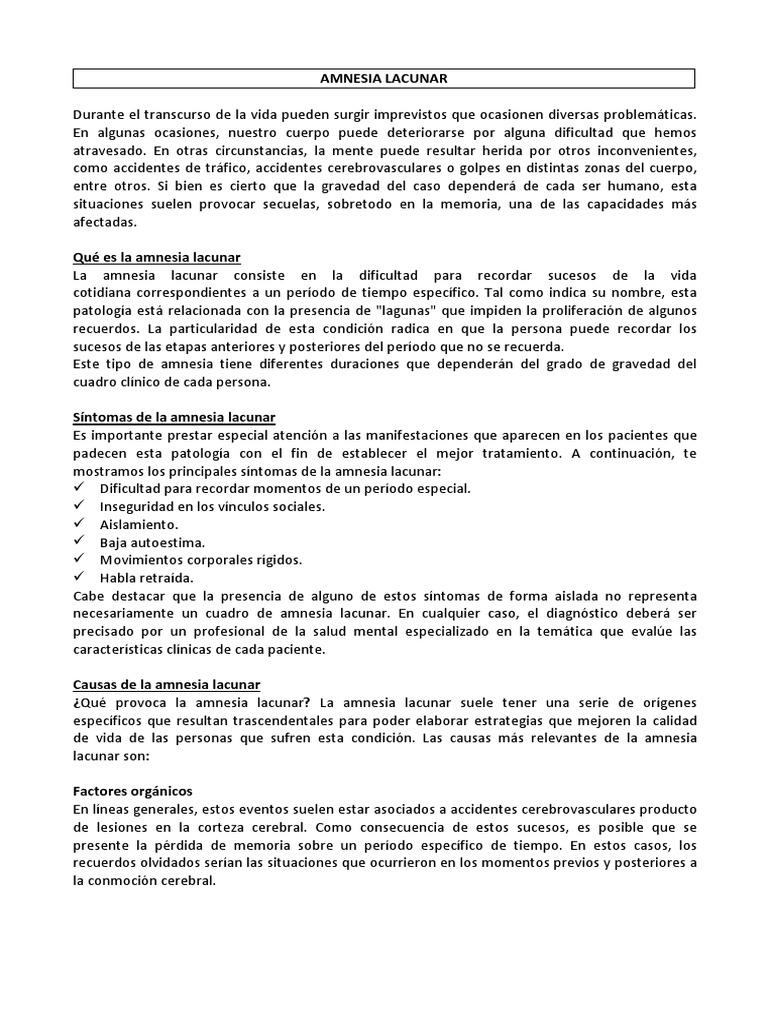Amnesia Lacunar: Causas y Tratamientos | PDF | Estrés (biología ...