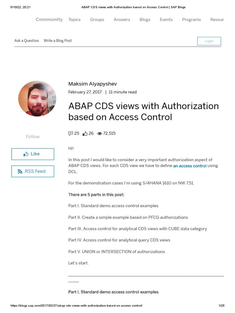 ABAP CDS Views With Authorization Based On Access Control - SAP Blogs | PDF