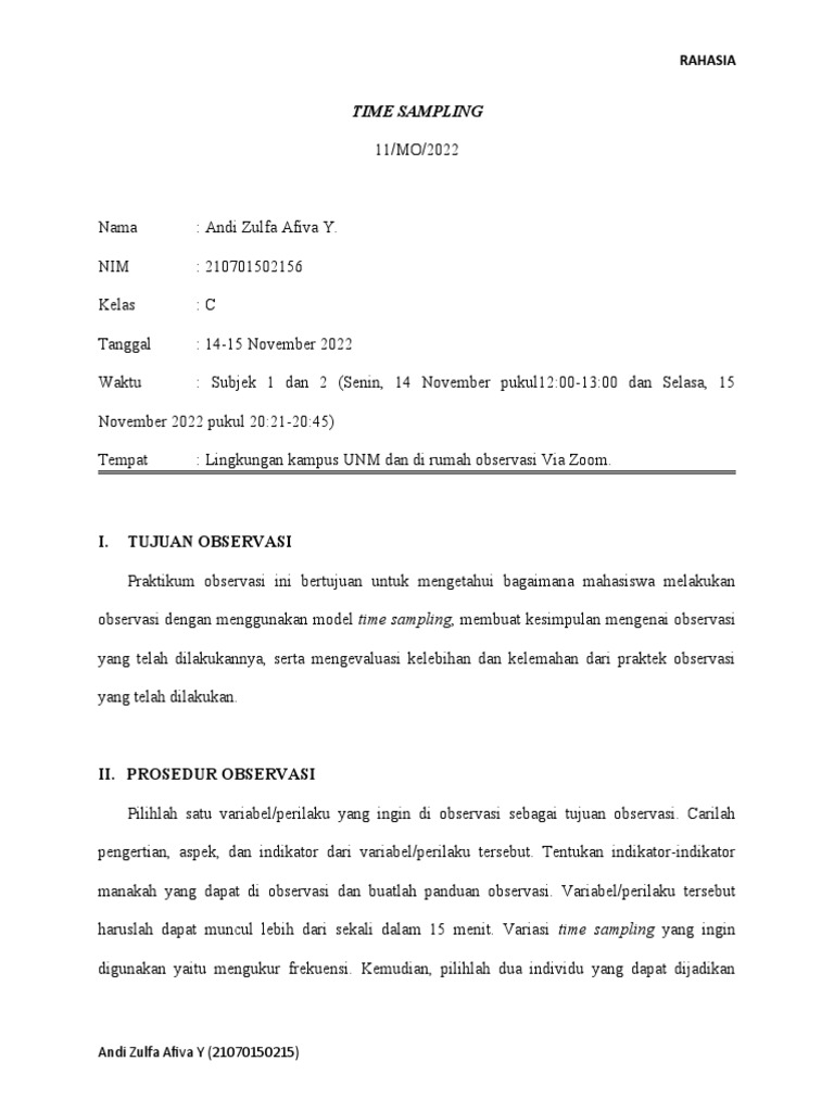 Contoh Observasi Time Sampling Psikologi | PDF