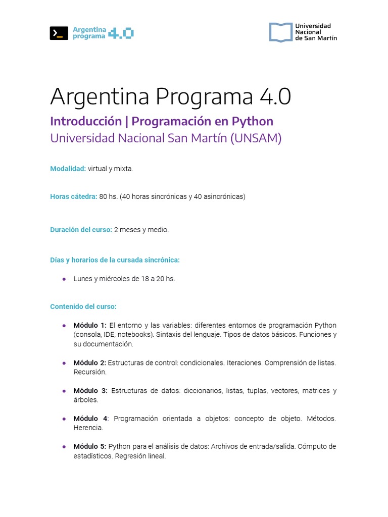 Introduccion Programacion en Python - Universidad Nacional de San Martin Unsam | PDF