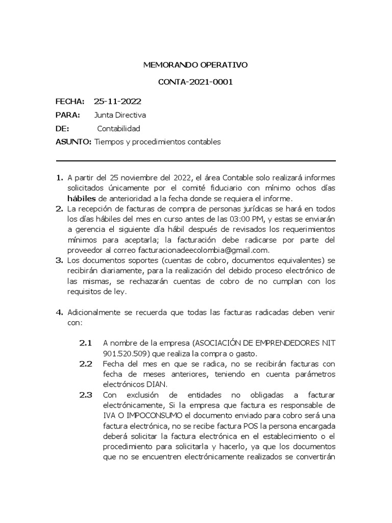 Memorando Operativo Contabilidad 2021 | PDF