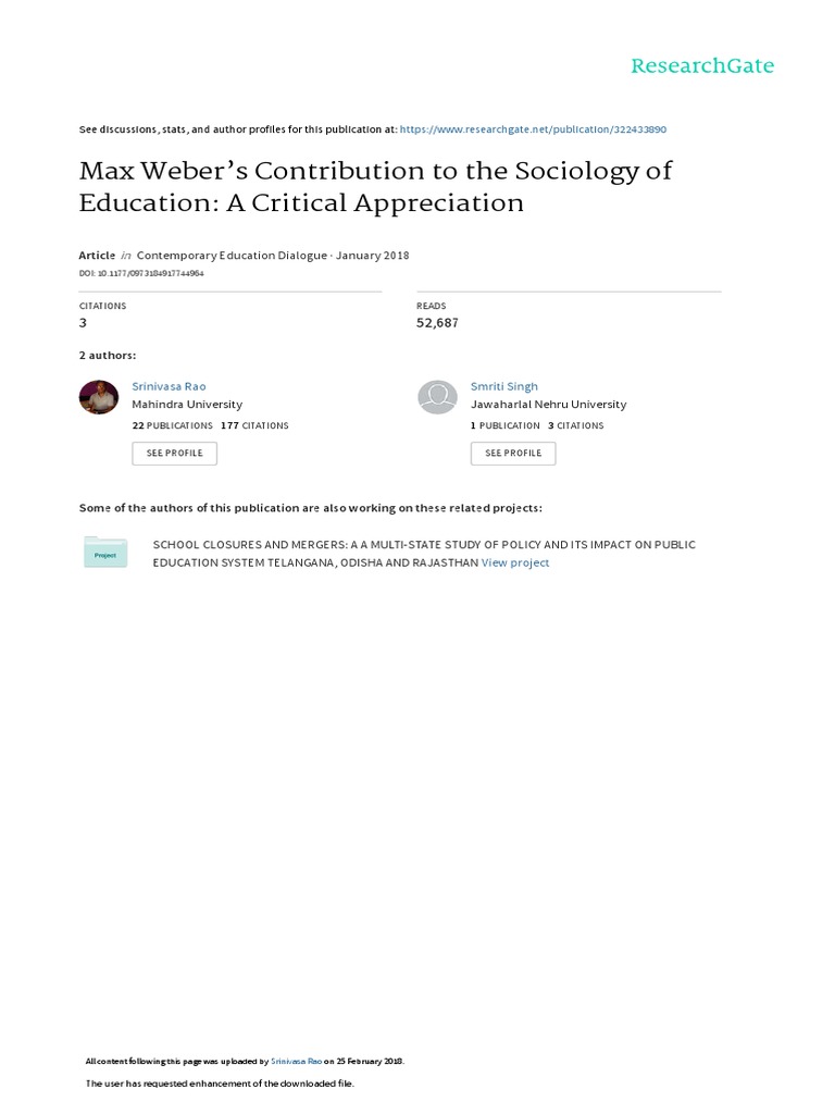 Max Weber's Contribution To The Sociology of Education: A Critical ...