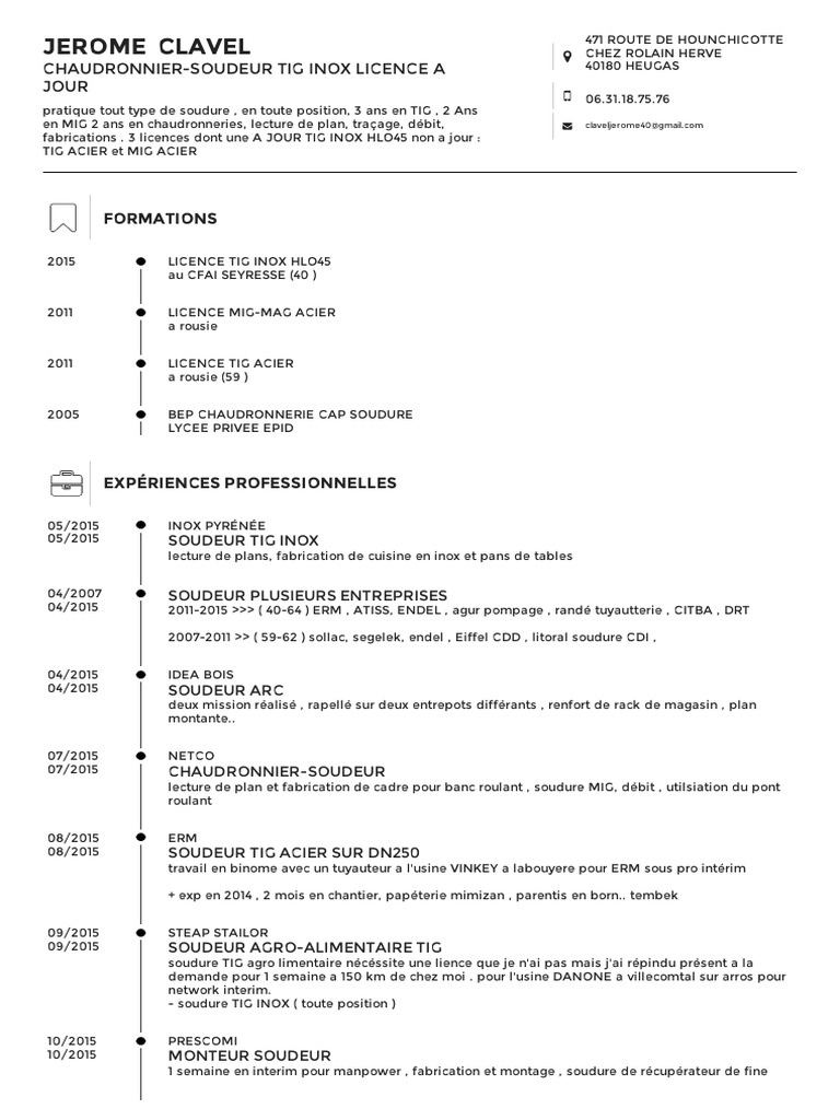 CV Chaudronnier Soudeur | PDF | Intérim (travail) | Soudage