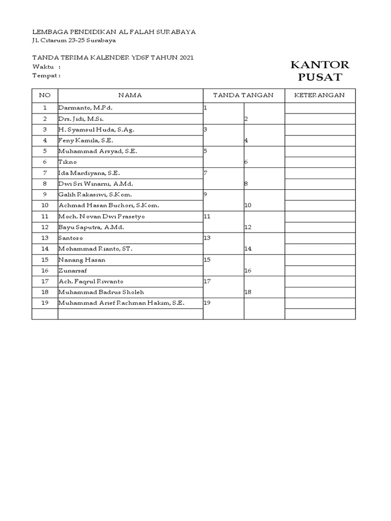 Tanda Terima Kalender 2021 YDSF | PDF