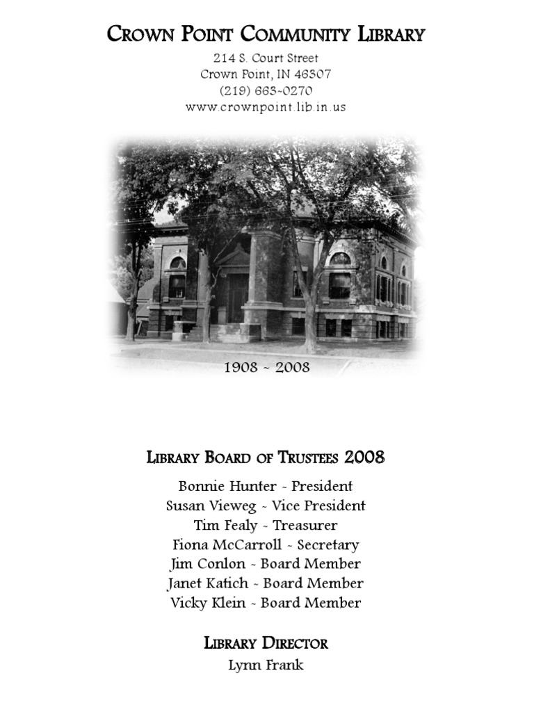 Crown Point Libary Centennial Commerative Booklet | PDF | Libraries ...