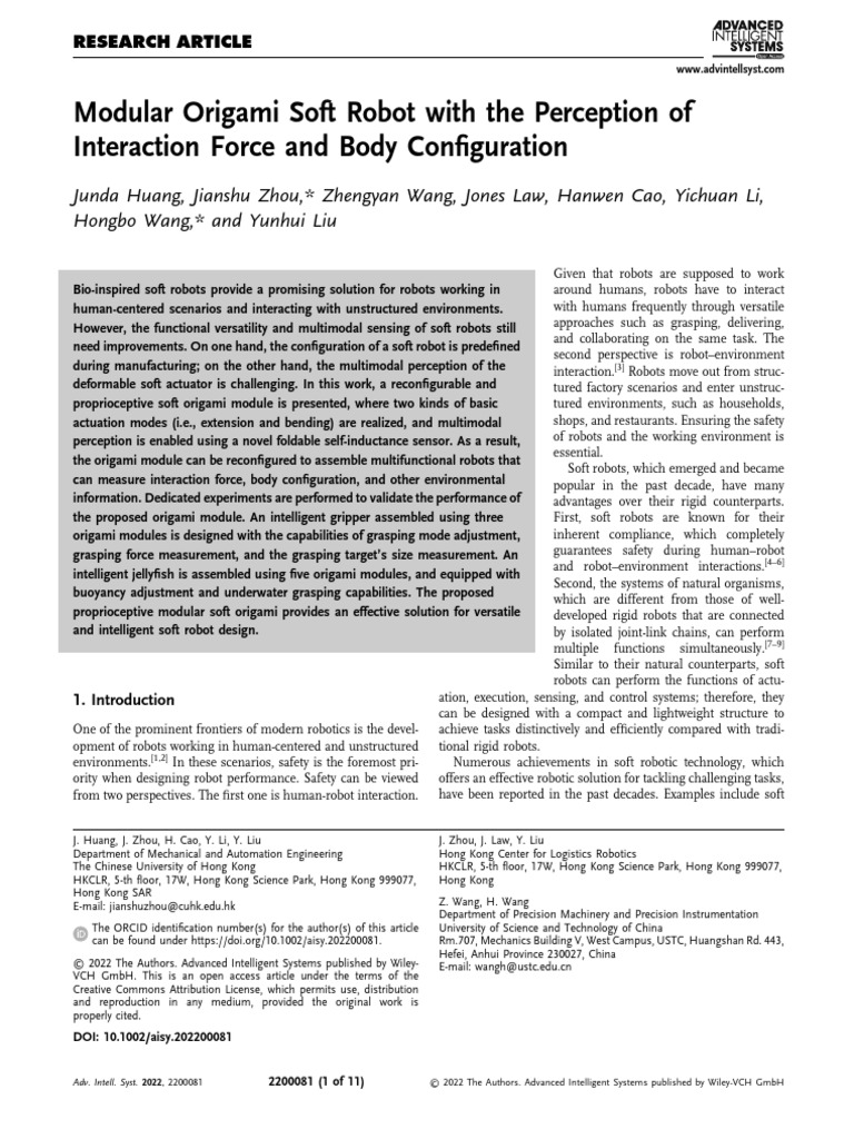 Advanced Intelligent Systems - 2022 - Huang - Modular Origami Soft Robot With The Perception of ...