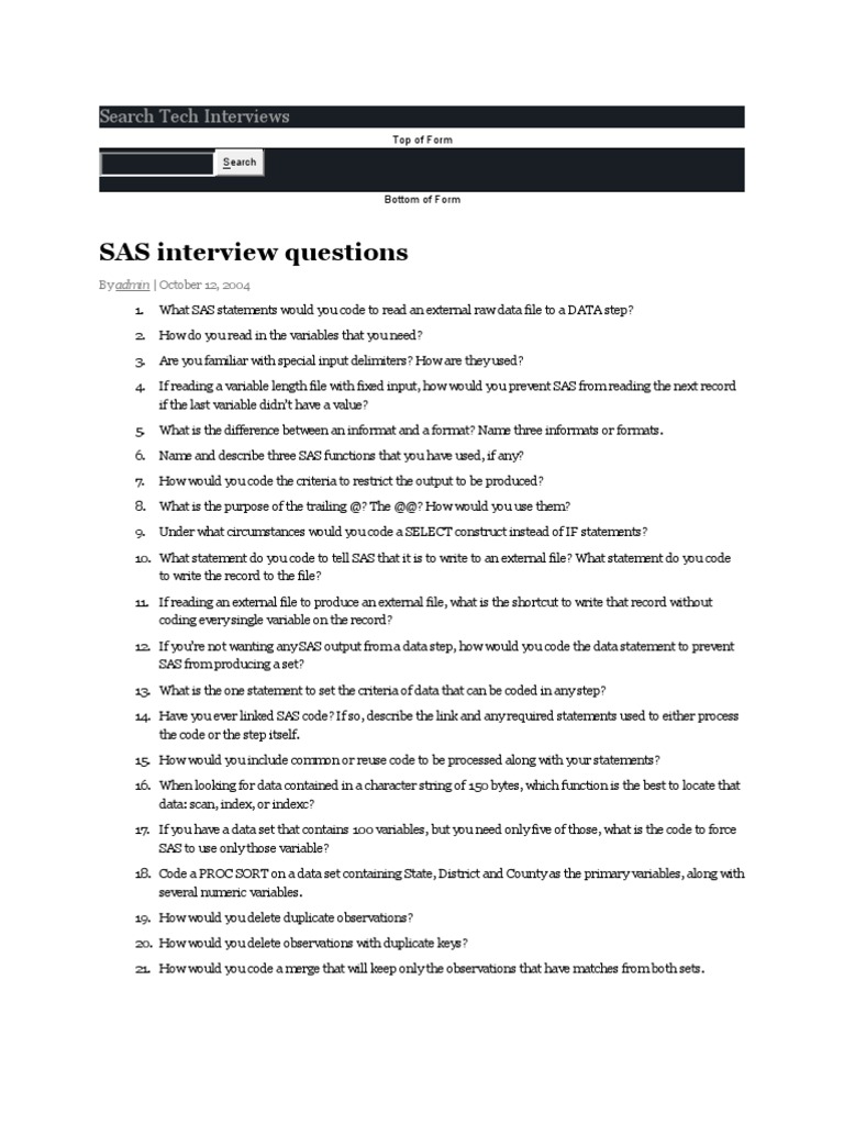 SAS Interview Questions | Download Free PDF | Sas (Software) | Variable ...