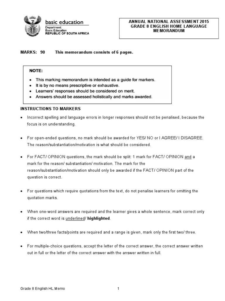 2015 Grade 8 English HL Memo | PDF | Adolescence | Human Communication