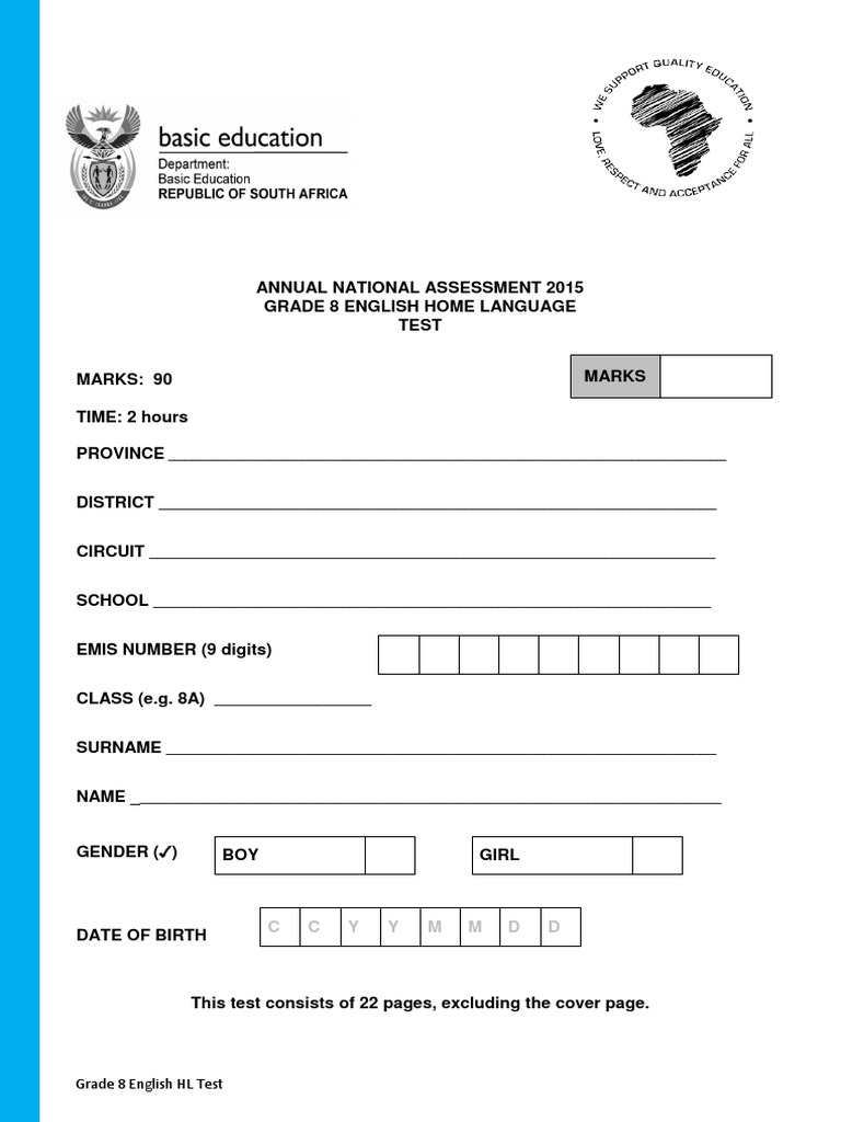 Grade 8 English Home Language Test 2015 | PDF | Adolescence | English ...