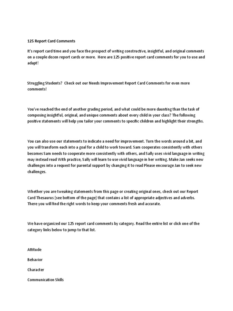 125 Report Card Comment | PDF | Classroom | Teachers