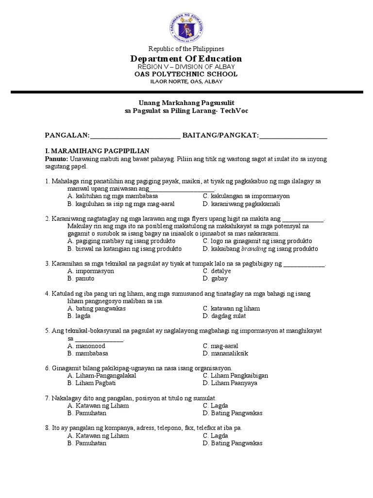 Piling Larang (TechVoc) Q1 Exam | PDF