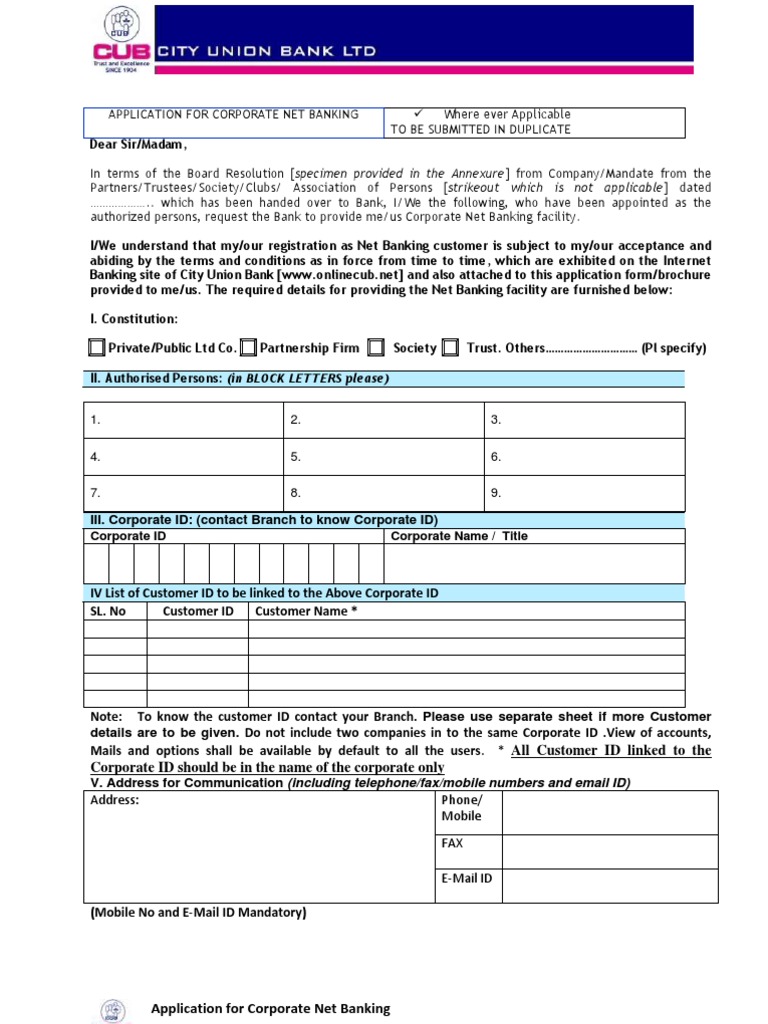 Corporate Net Banking Application Form | PDF | Online Banking | Banks ...