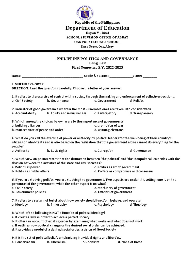 PPG Q1 Exam | Download Free PDF | Power (Social And Political) | Liberalism