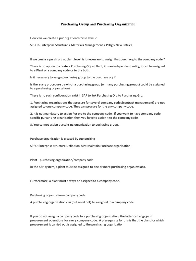 Purchasing Group and Purchasing Organization | PDF