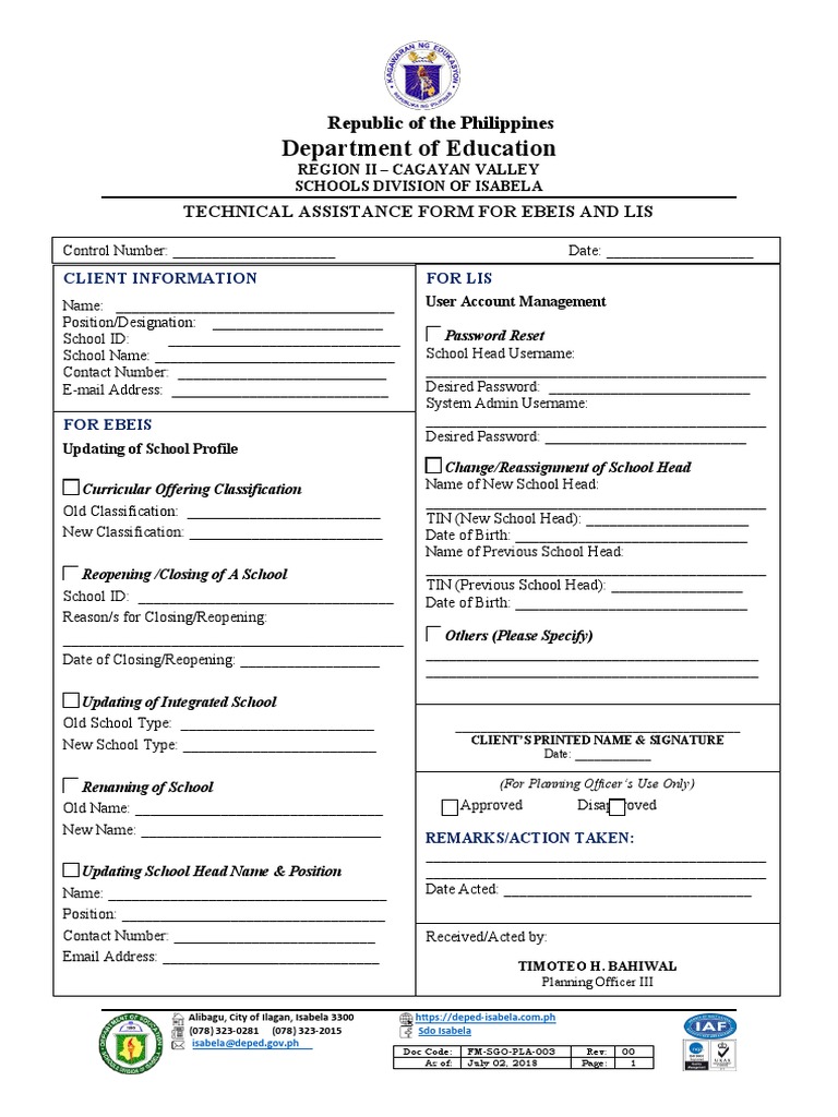FM-SGO-PLA-003 Technical Assistance Form For EBEIS and LIS | PDF | User (Computing) | Internet