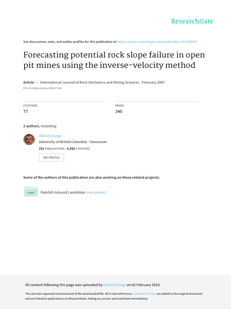 Forecasting Potential Rock Slope Failure in Open by Rose & Hungr | PDF | Landslide | Velocity
