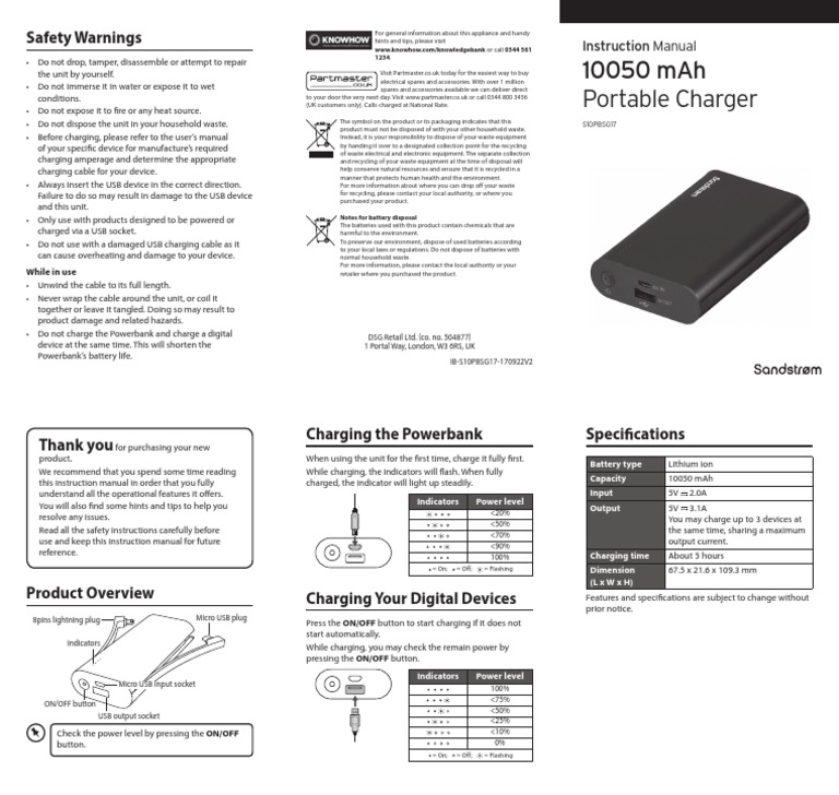 SANDSTROM Power Bank 9000mah Built-In Lighting and Micro USB Cable ...