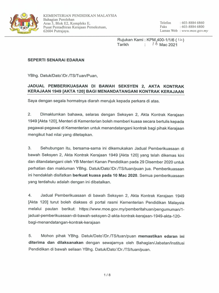 1.1 KPM Jadual Pemberikuasaan Di Bawah Seksyen 2, Akta Kontrak Kerajaan ...