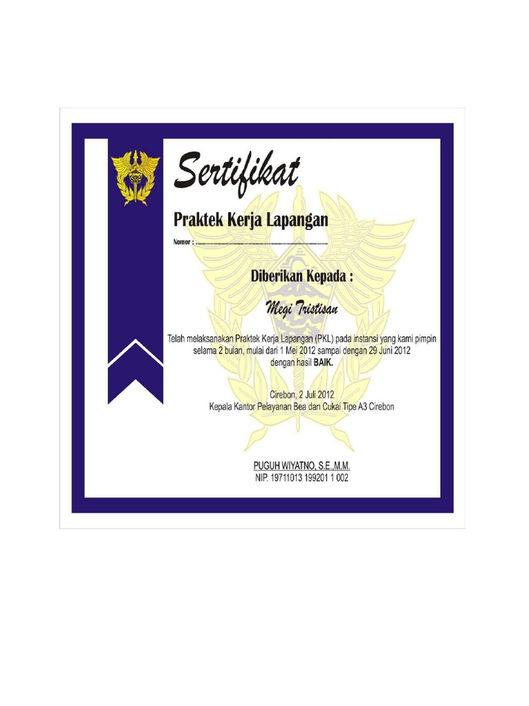 Contoh Sertifikat Siswa PKL | PDF