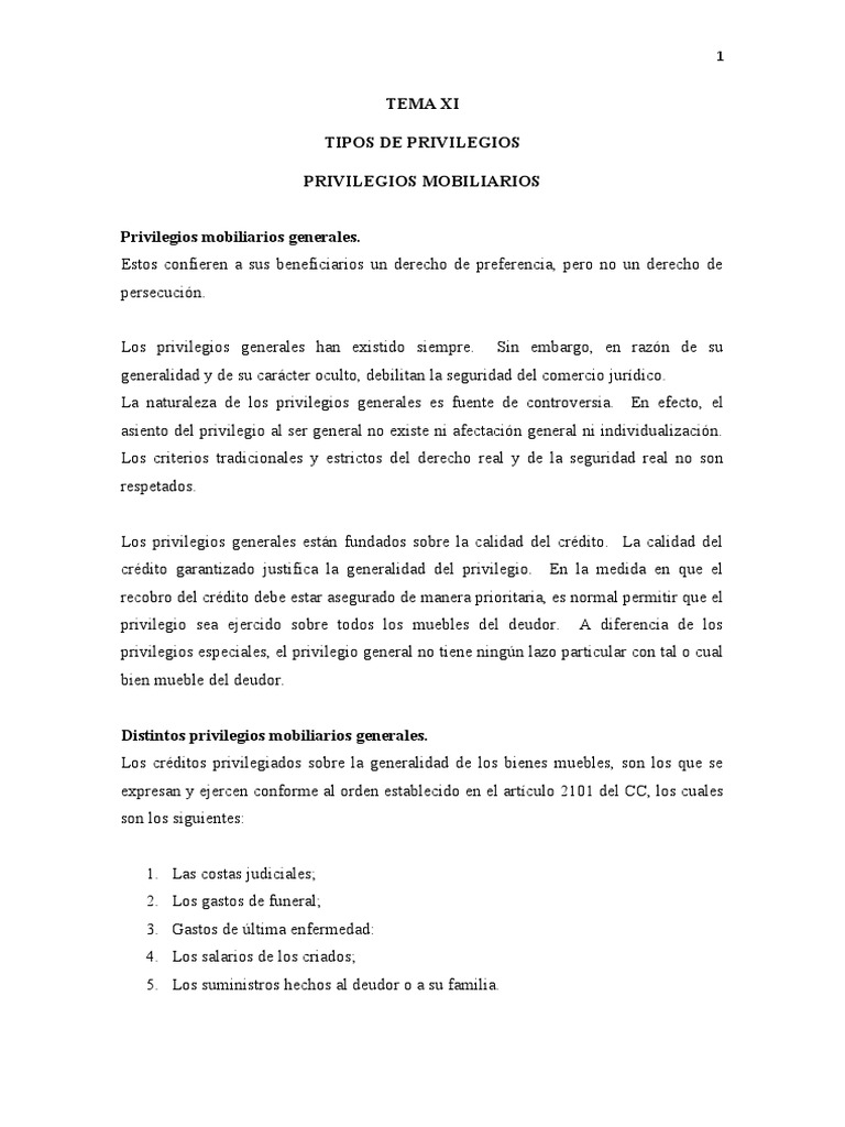 Tipos de Privilegios Mobiliarios | PDF | Ley de hipotecas | Derecho ...
