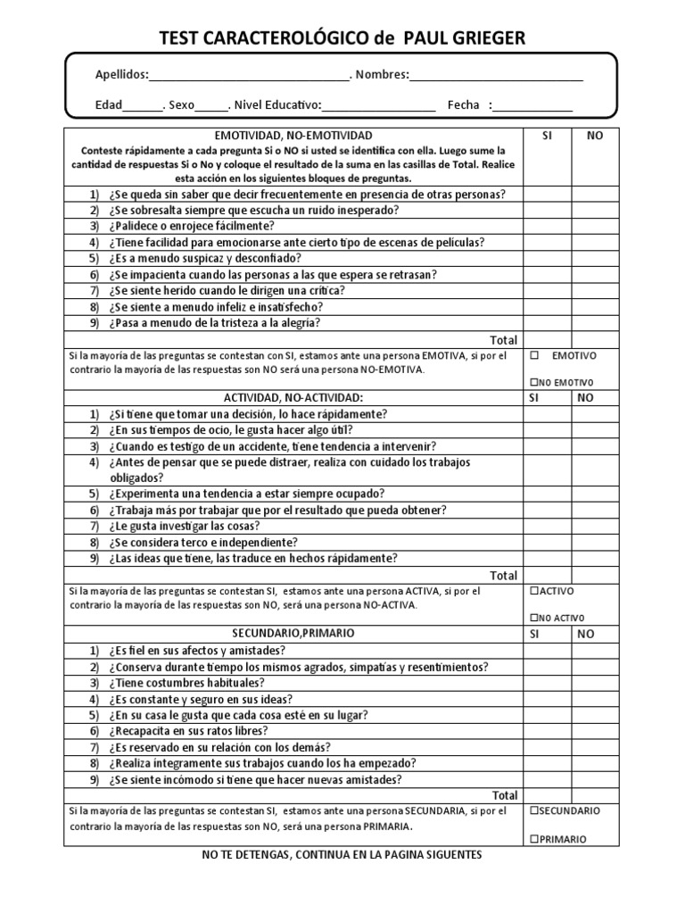 Resultados del Test Caracterológico de Paul Greiger | PDF
