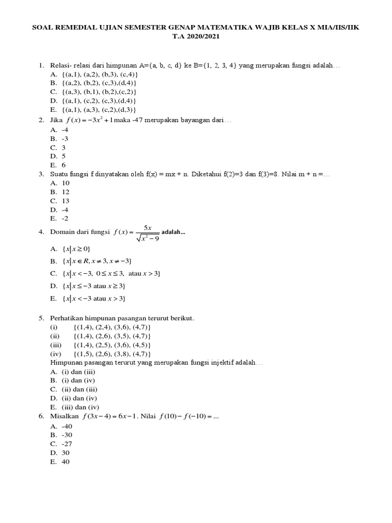 Soal Remedial Ujian Semester Genap Matematika Wajib Kelas X Mia | PDF