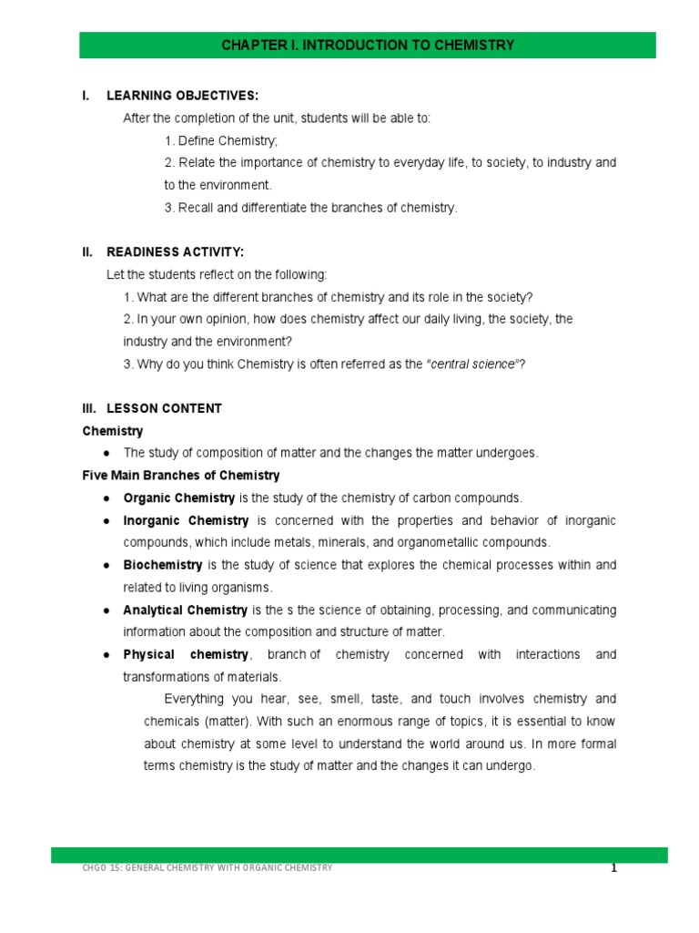 Chapter I. Introduction To Chemistry | PDF | Chemistry | Organic Chemistry