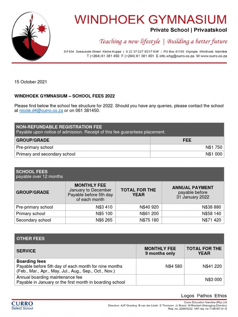 Windhoek Gymnasium 2022 School Fees Final Web Upload 01 | Download Free ...