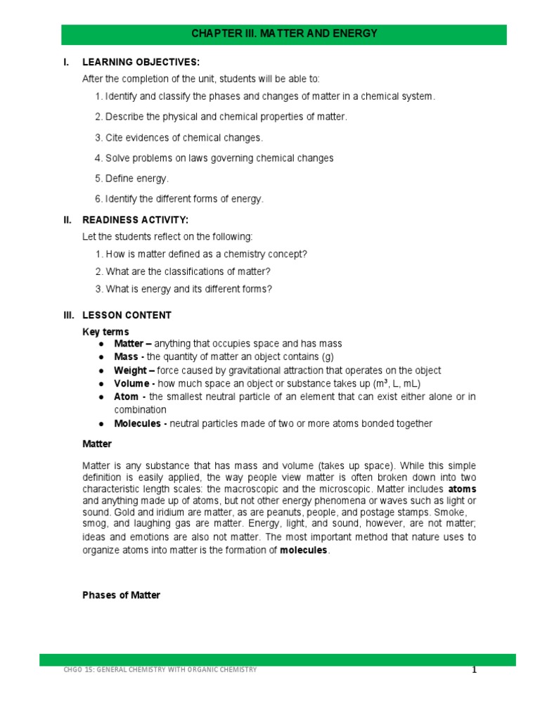 Chapter-Iii. Matter and Energy | PDF | Calorie | Chemistry