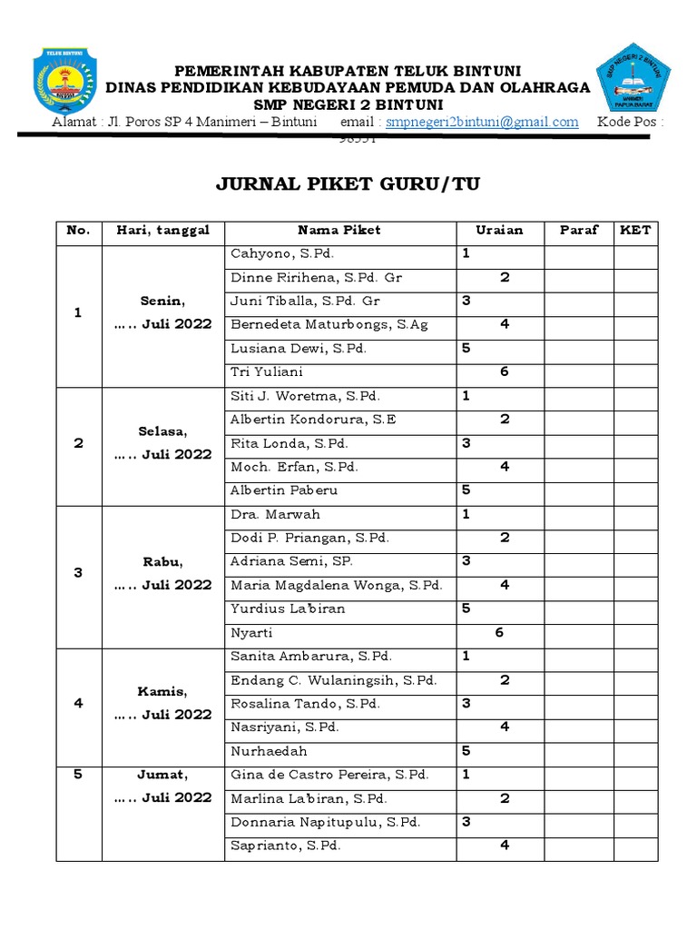 Jurnal Piket Guru 2022 | PDF