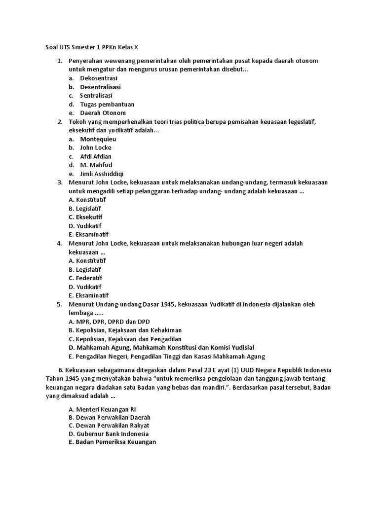 Soal UTS 1 PPKN Kelas X | PDF