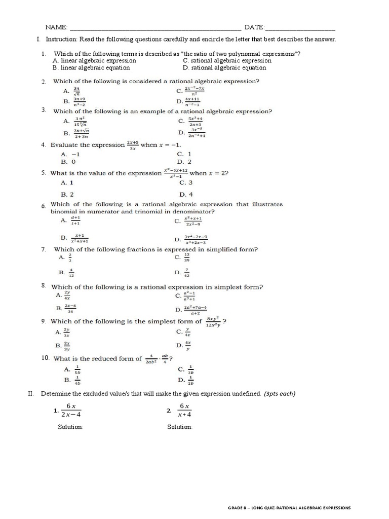 Grade 8 Rational Algebraic Expressions Quiz | PDF | Equations ...