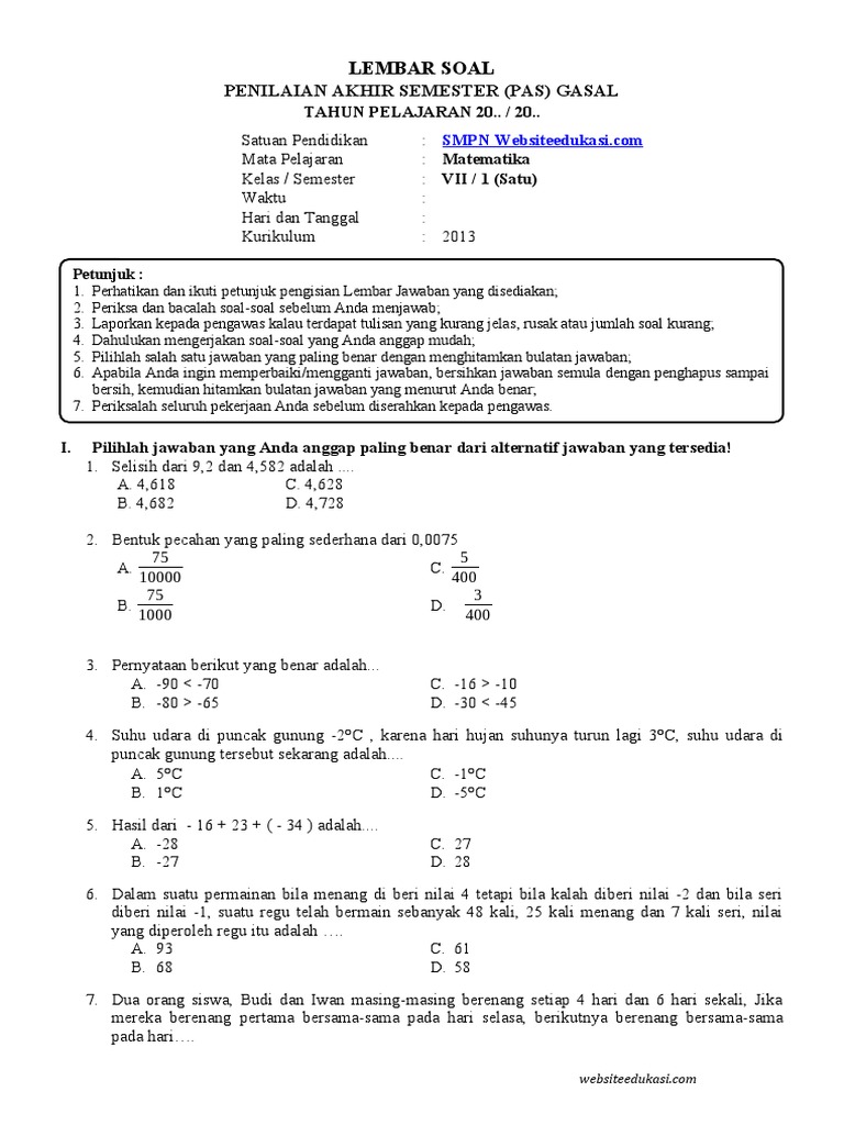 Soal PAS MTK Kelas 7 K13 | PDF
